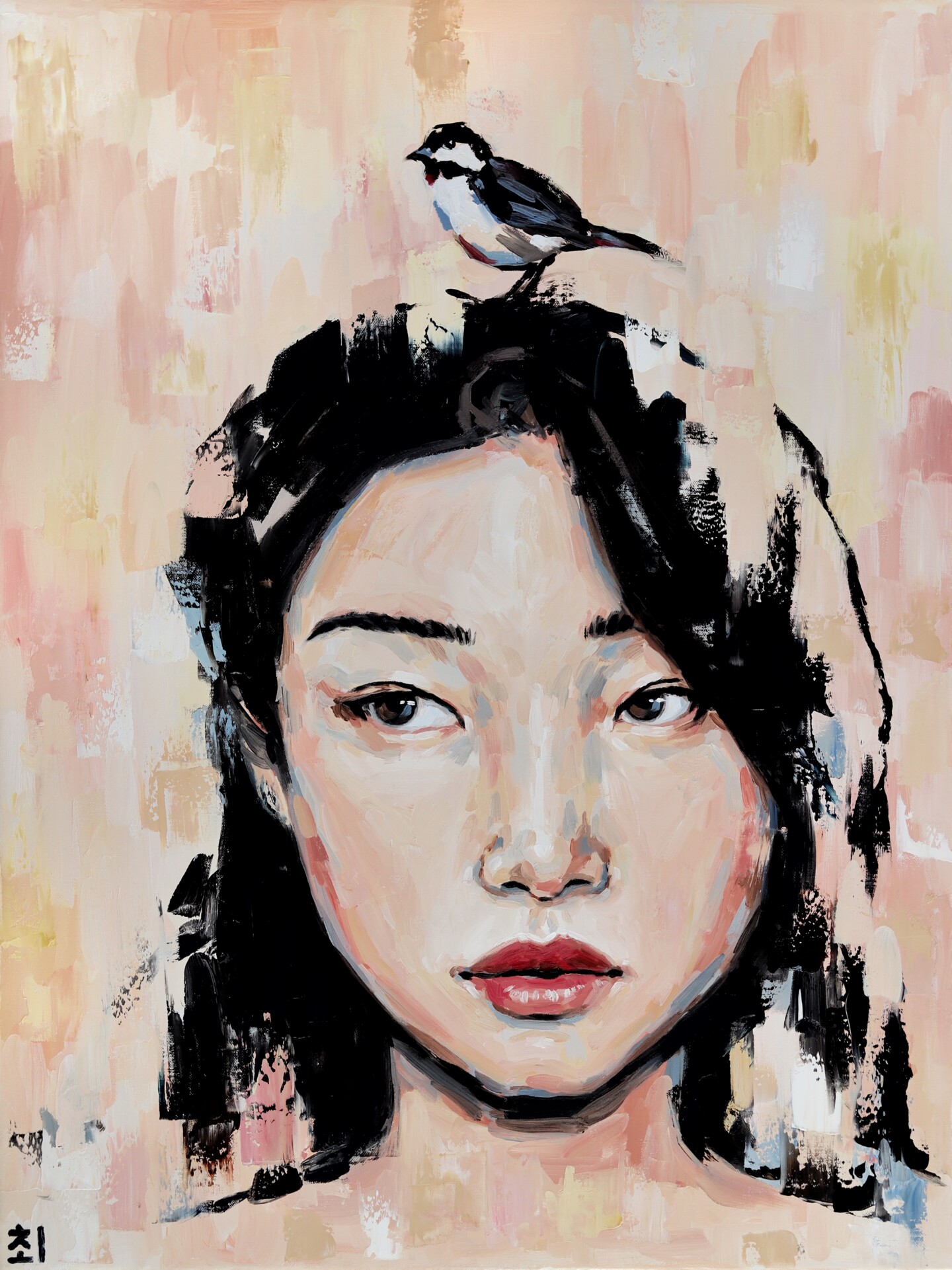 Korean Woman With Bird, Painting by Marina Ogai | Artmajeur