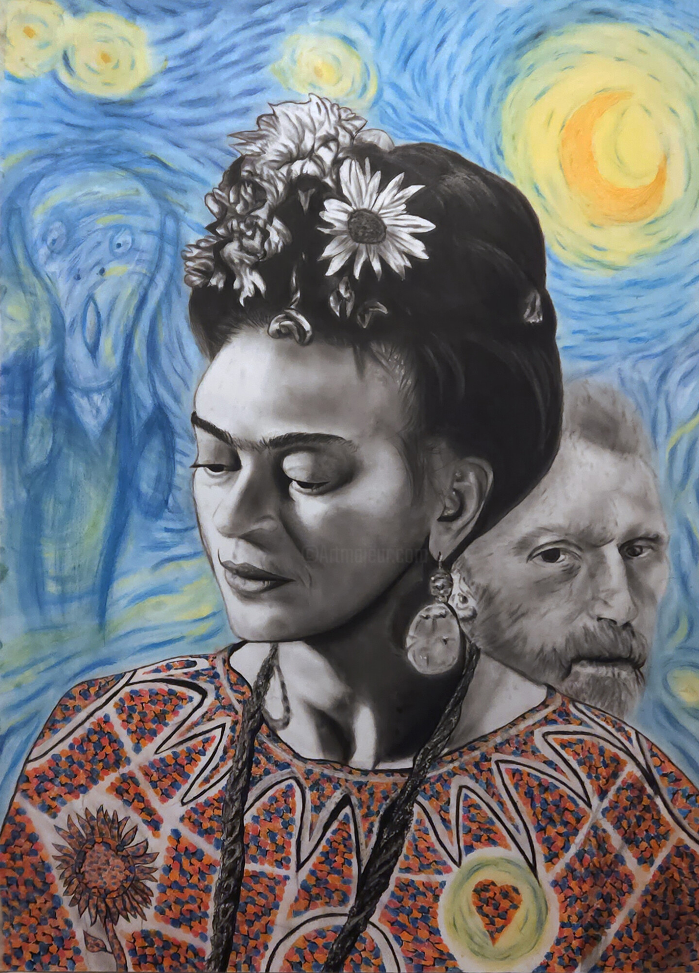 Frida Kahlo & Van Gogh Drawing, Dessin par Steeven Shaw | Artmajeur