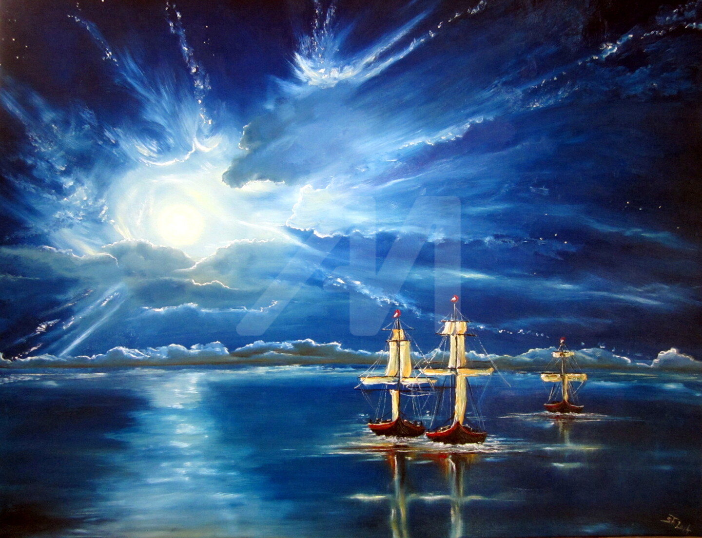 Boats In The Moonlight, Painting by Susanart | Artmajeur
