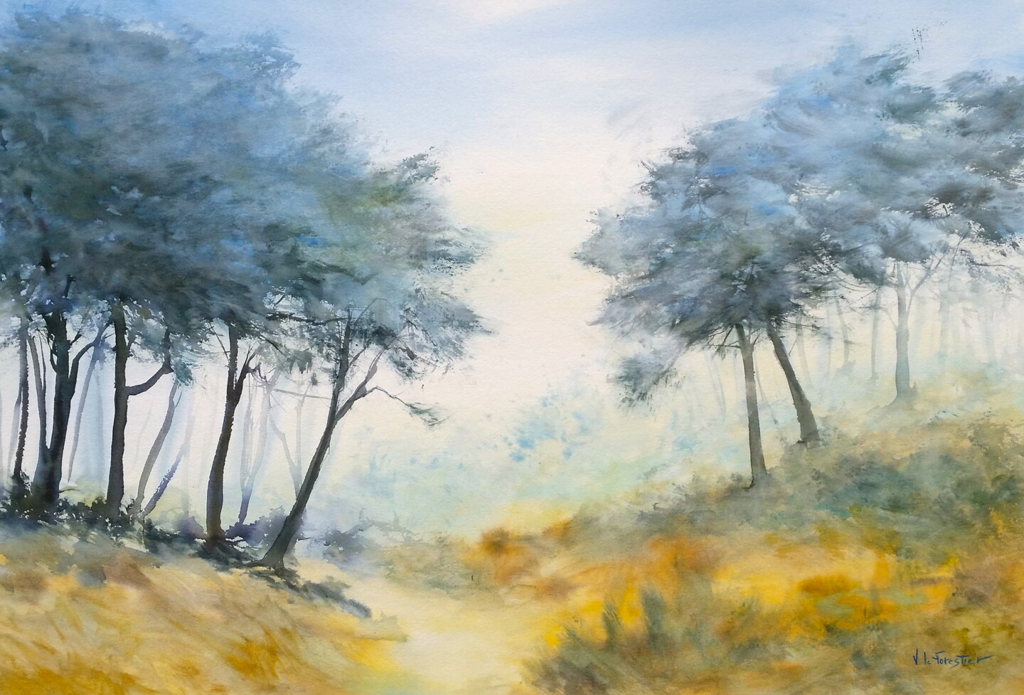 Arbres Bleus Dans La Brume, Painting by Véronique Le Forestier | Artmajeur