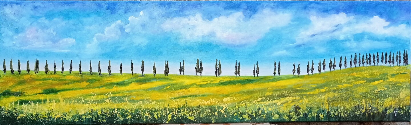 Italian Cypresses Yellow Field Painting , Painting by Viktoriya Filipchenko | Artmajeur