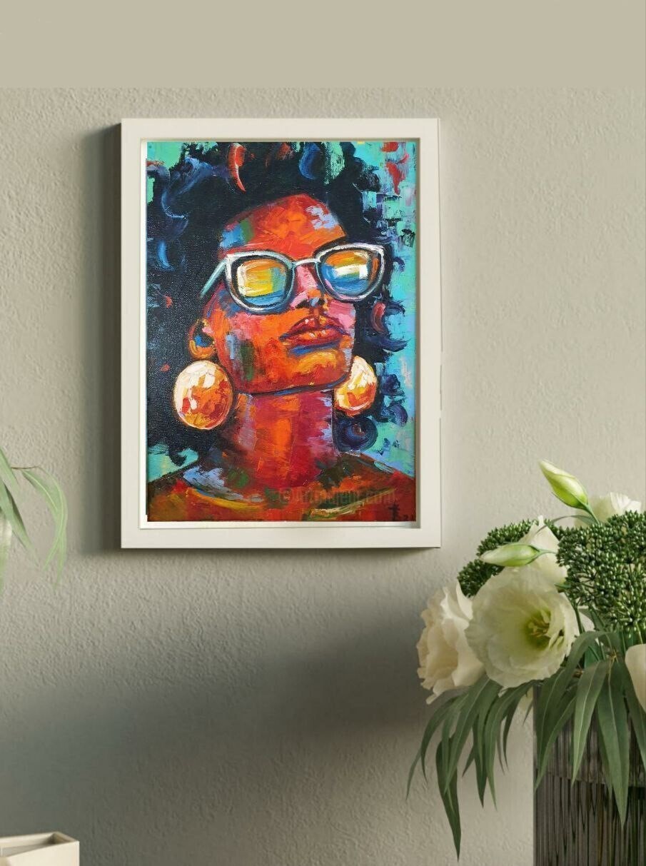 Beautiful Black Woman With Glasses Oil P, Painting by Vladislava Kovalenko | Artmajeur