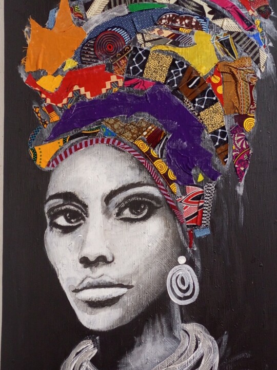 African Fabric Collage, Black Woman Art,, Collages by Jafeth Moiane | Artmajeur