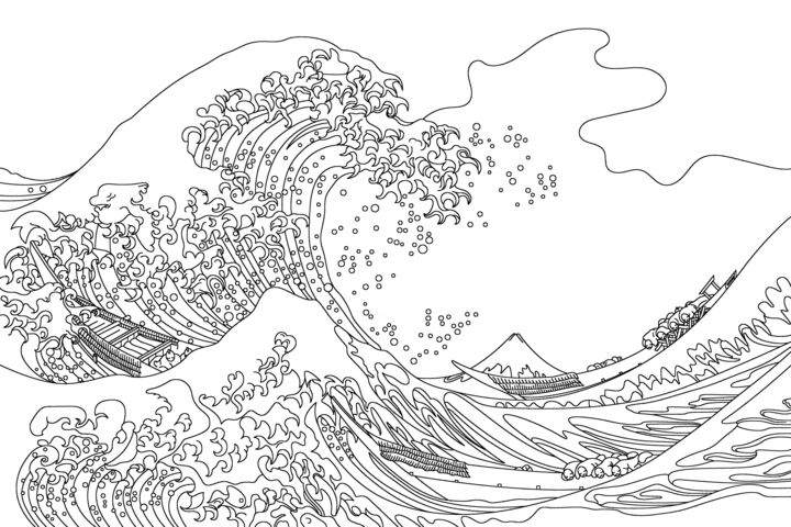 Great Wave Japanese Outline Hokusai Draw, Painting by Tony Rubino ...