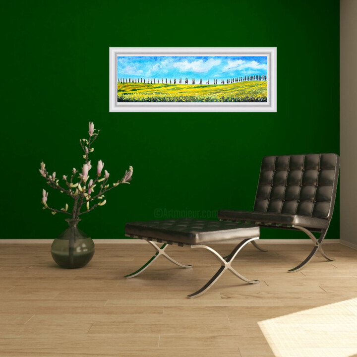Italian Cypresses Yellow Field Painting , Painting by Viktoriya Filipchenko | Artmajeur