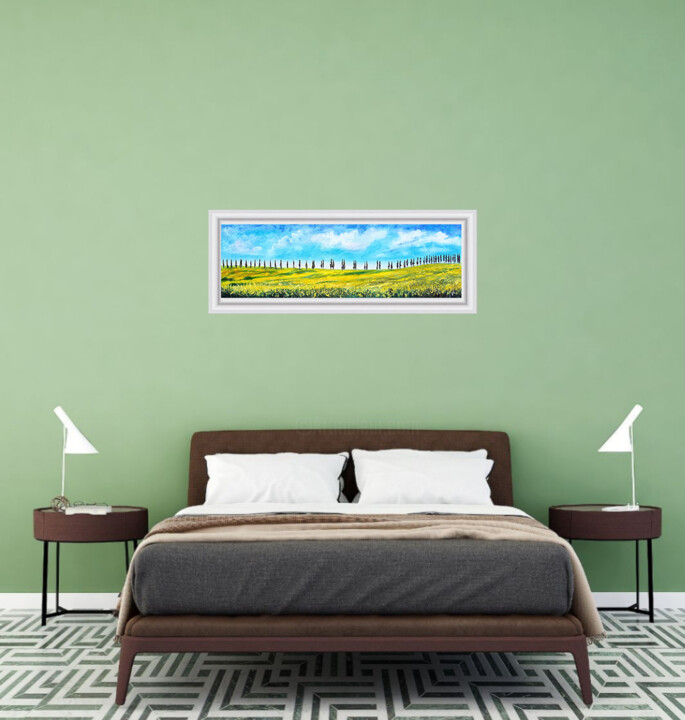 Italian Cypresses Yellow Field Painting , Painting by Viktoriya Filipchenko | Artmajeur