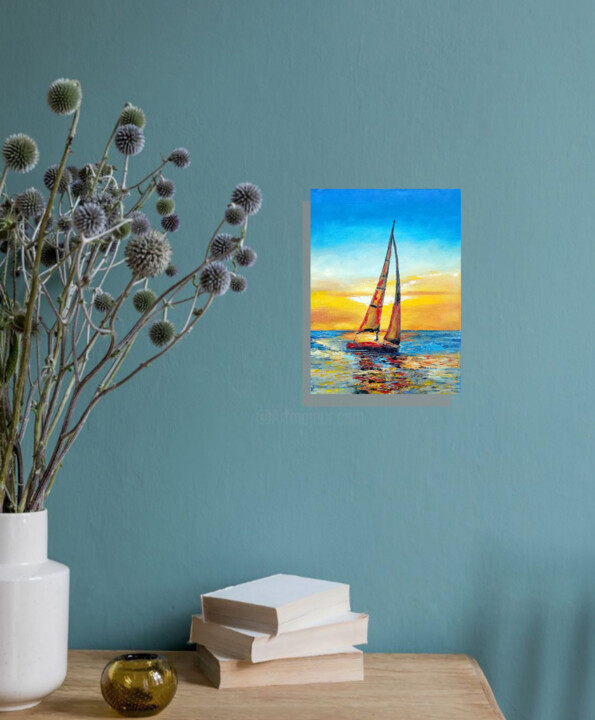 Sailboat On Sunset Ocean Seascape Painti, Peinture par Viktoriya Filipchenko | Artmajeur